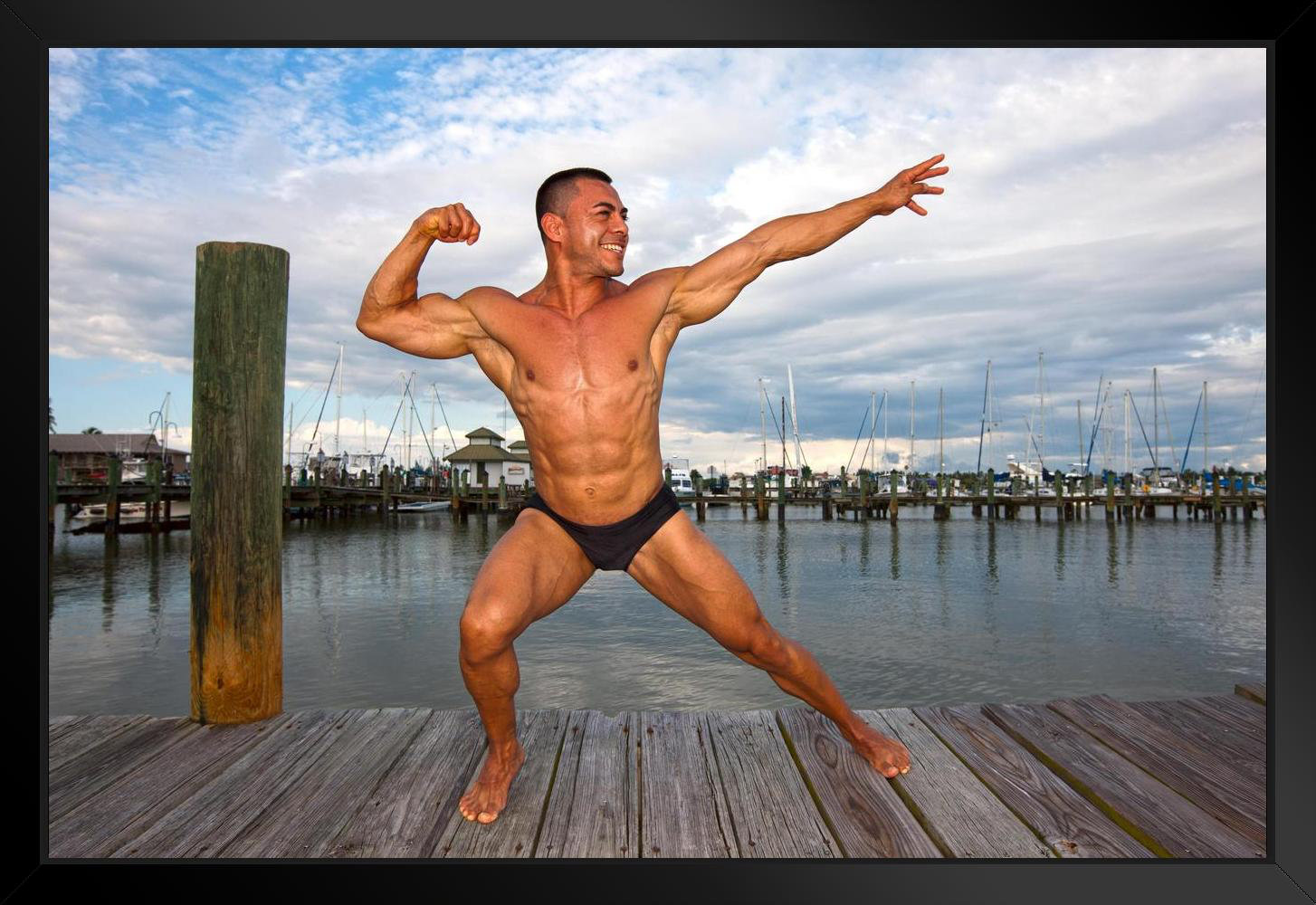 Ebern Designs Bodybuilder Posing in Naples Florida Harbour Photo Art Print Black Wood Framed ...